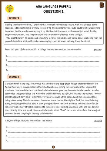 AQA Language Paper 1, Question 1 and 2 | Teaching Resources