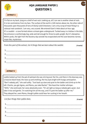 AQA Language Paper 1, Question 1 and 2 | Teaching Resources