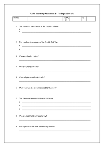 English Civil War Knowledge organiser and quiz | Teaching Resources