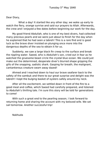 The Pearl Diver modelled write Diary entry | Teaching Resources