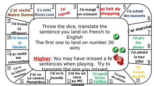 une visite a Paris/ Board game to pratise saying sentences using the ...