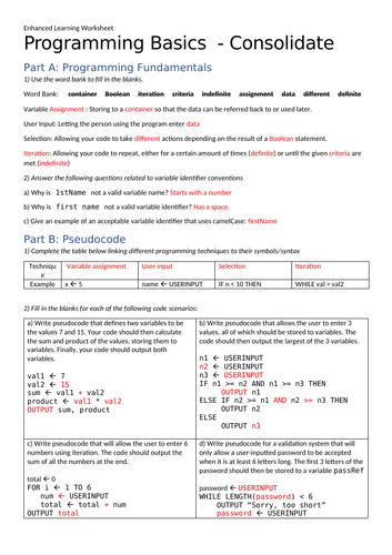 Programming Basics (Pseudocode) - Enhanced Learning Worksheet + Answers ... Programming Basics (Pseudocode) - Enhanced Learning Worksheet + Answers ...