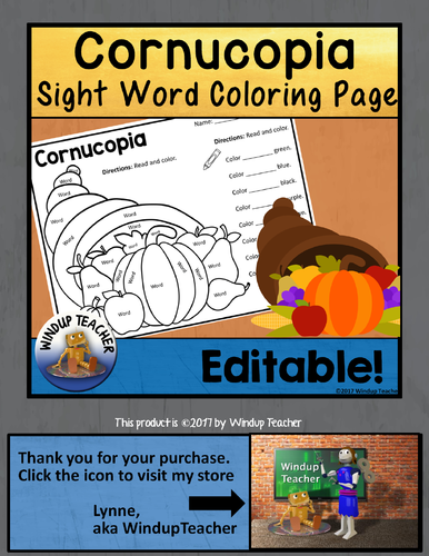 Thanksgiving Sight Word Coloring Sheet - Cornucopia Printable Activity ...
