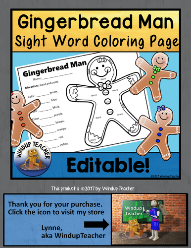 Gingerbread Man Sight Word Coloring Sheet - Editable Activity for ...