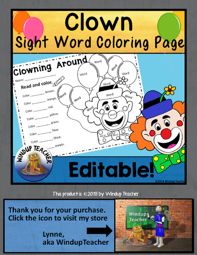 Clowning Around Here Sight Word Coloring Sheet Activity Editable ...