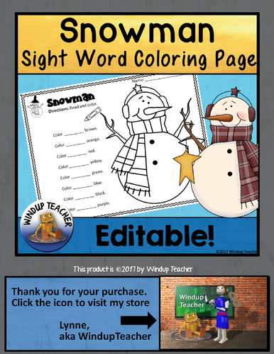 Snowman Sight Word Coloring Sheet - Editable Printable Worksheet ...