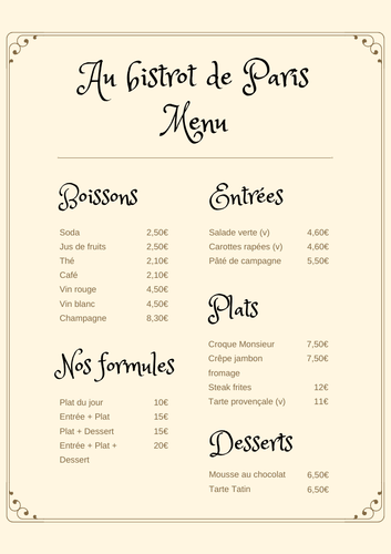 Speaking at the restaurant with a typical French Menu | Teaching Resources