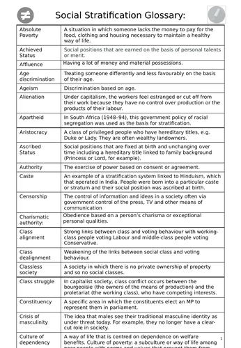 GCSE Sociology - Social Stratification Key Terms Glossary | Teaching ...