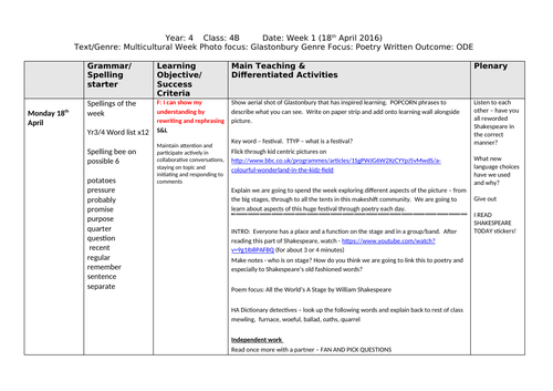 Glastonbury Inspired Poetry Week - written outcome - odes | Teaching ...