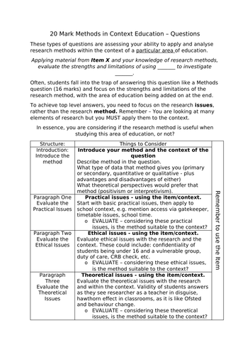 AS/A-level Sociology Methods in Context Structure Sheet | Teaching ...