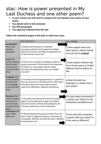 AQA Power and Conflict Poetry- Comparison Writing frames | Teaching ...