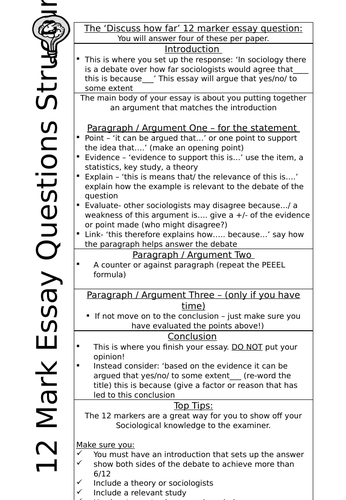 GCSE Sociology - 12mark Essay Structure Sheet | Teaching Resources