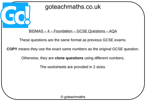 BIDMAS - 4 Operations - GCSE Questions - Foundation - AQA | Teaching ... BIDMAS - 4 Operations - GCSE Questions - Foundation - AQA | Teaching ...