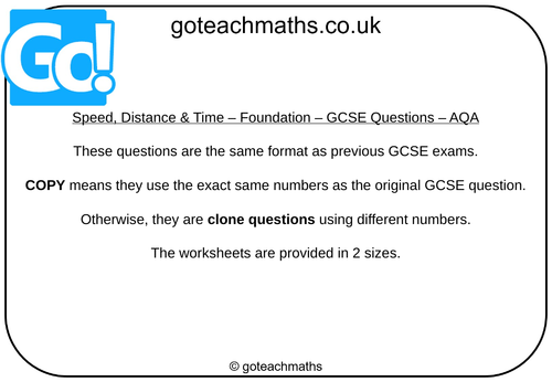 Speed, Distance & Time - GCSE Questions - Foundation - AQA | Teaching ...