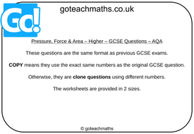 Pressure, Force & Area - GCSE Questions - Higher - AQA | Teaching Resources