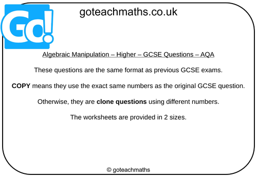 Algebraic Manipulation - GCSE Questions - Higher - AQA | Teaching Resources