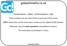 Transformations - GCSE Questions - Higher - AQA | Teaching Resources