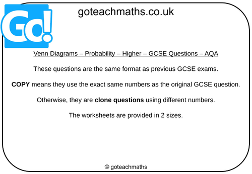 Probability & Venn Diagrams - GCSE Questions - Higher - AQA | Teaching ... Probability & Venn Diagrams - GCSE Questions - Higher - AQA | Teaching ...
