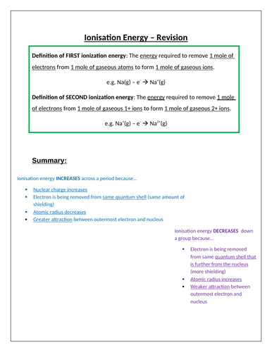 AS Chemistry - Ionisation Energy Revision Booklet | Teaching Resources