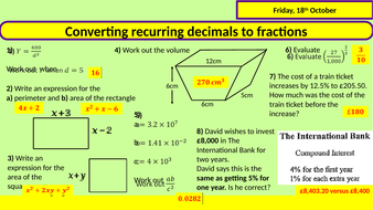 Converting recurring decimals to fractions | Teaching Resources