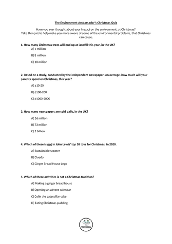 A sustainable Christmas Quiz (Geography) | Teaching Resources
