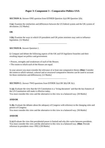 Paper 3 Component 3 Comparative Politics USA Edexcel Pearson ...