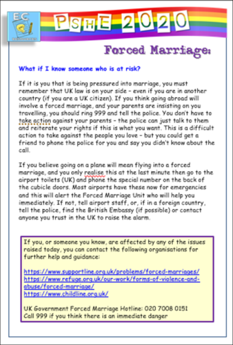 Forced Marriage PSHE Workbook | Teaching Resources