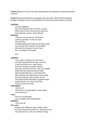 Winter's Tale Exam Question and Exemplar Answer | Teaching Resources