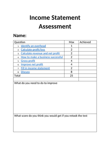 KS4 Business Income Statement Test & Answers | Teaching Resources