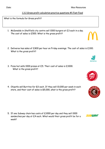 EDEXCEL GCSE Business 2.4.1 Gross profit practice questions worksheet ...