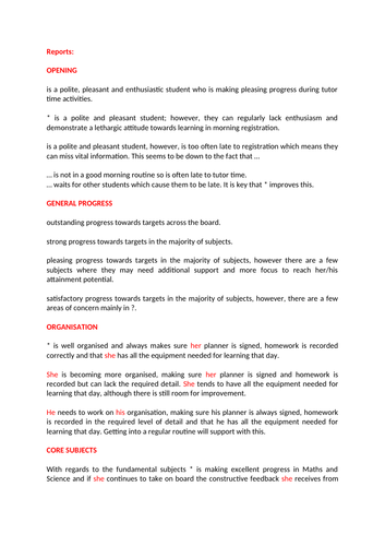 Form Tutor Reports - statement bank | Teaching Resources