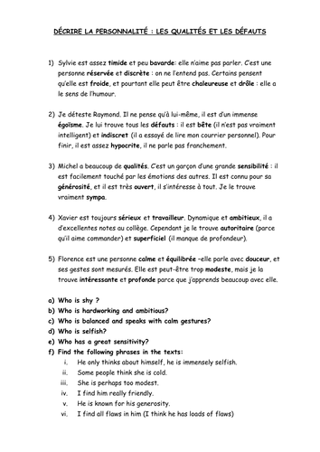 Personality in French. Personal qualities. The world of work | Teaching ...