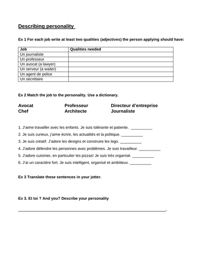 Personality in French. Personal qualities. The world of work | Teaching ...