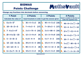BIDMAS Points Challenge Worksheet | Teaching Resources