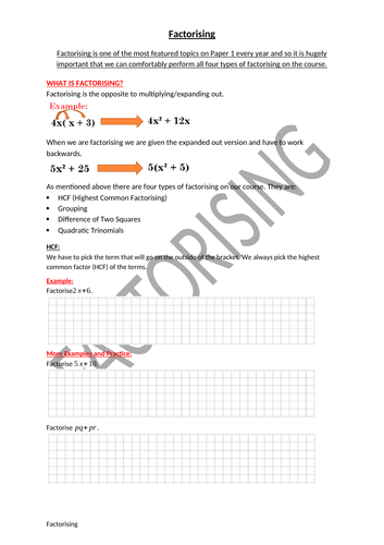 Factorising Booklet of Notes/Practice for Teaching/Revision/Grinds ...