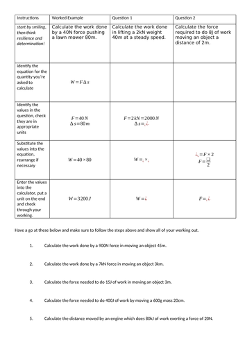 Side-by-side Calculation Sheet - Work Done | Teaching Resources