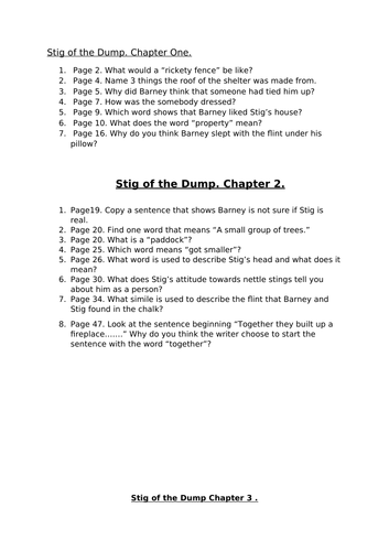 Stig of the Dump. Guided reading questions for every chapter ...