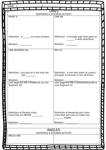 Lines & Angles (Toothpick & Stickers Activity) Worksheet & Lesson Plan ...
