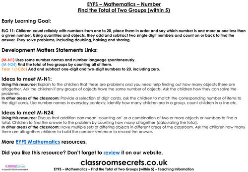 EYFS Maths Number - Find the Total of Two Groups Within 5 Planning ...