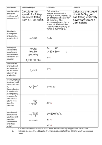 Energy Analysis - Side-by-side Calculation | Teaching Resources