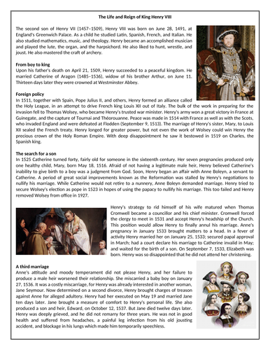 The Life and Reign of King Henry VIII - Reading Comprehension Worksheet ...