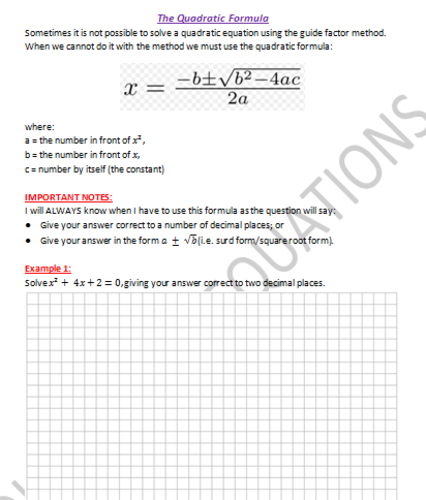 Quadratic Equations Booklet of Notes/Practice Questions for Teaching ...