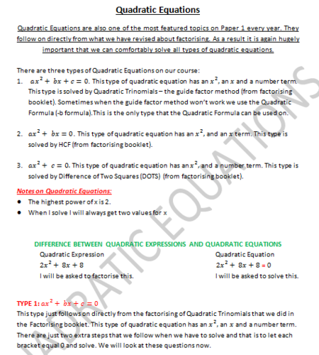 Quadratic Equations Booklet of Notes/Practice Questions for Teaching ...