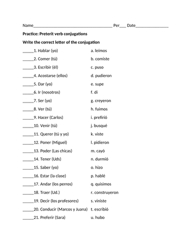 preterit conjugation matching practice | Teaching Resources