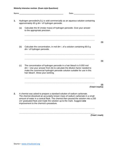 Molarity Practice Questions | Teaching Resources