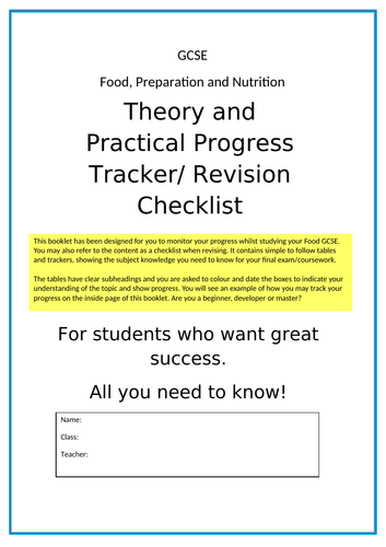 Food Subject Knowledge Tracker | Teaching Resources