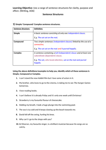 Sentence Structures Worksheet | Teaching Resources