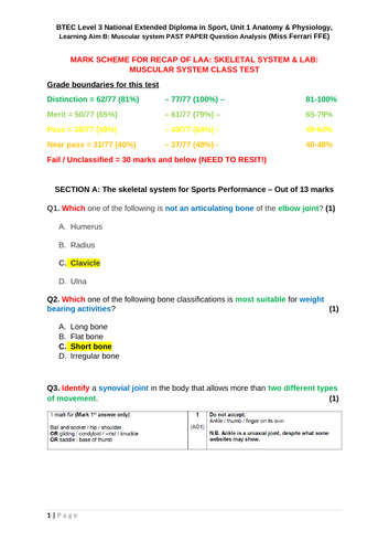 BTEC level 3 , A & P: Skeletal and Muscular 77 question paper, mark ...