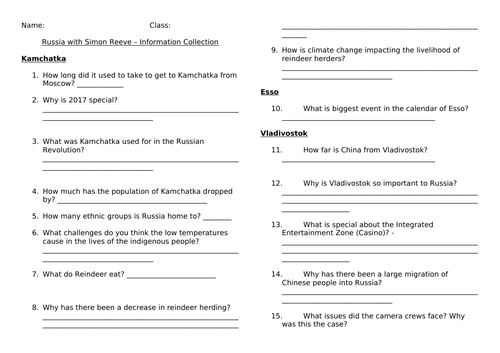 Simon Reeve Russia episode 1 worksheet | Teaching Resources