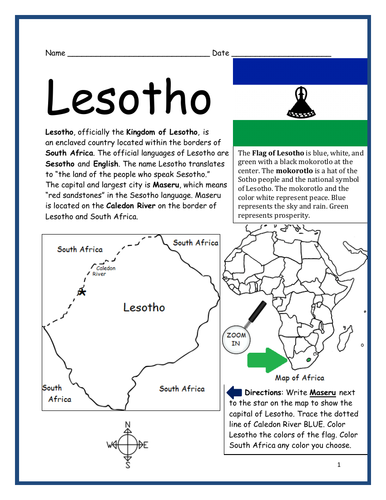 LESOTHO - Introductory Geography Worksheet | Teaching Resources